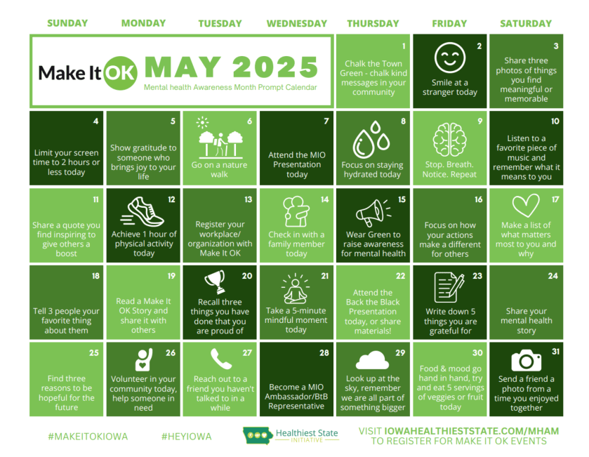 May Mental Health Awareness Month Calendar and Checklist (look below ...