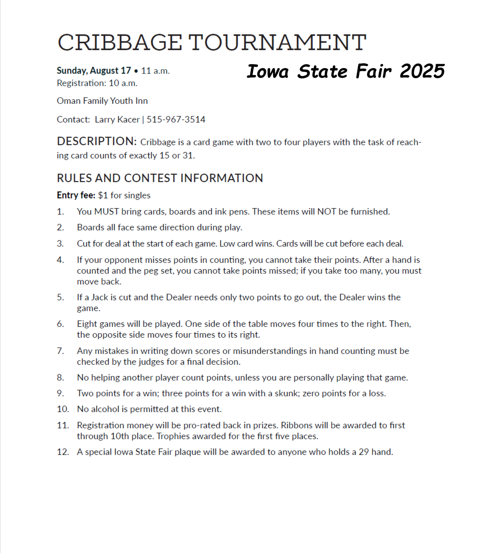 Iowa State Fair Cribbage Tournament and More! – Go Retire Psychiatrist